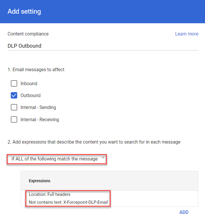 Compliance setup for outbound email